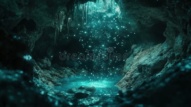 Enchanting Cave Pool with Glowing Particles Falling Stock Photo - Image ...