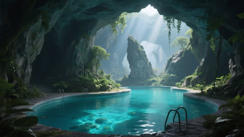 Enchanting Cave Pool Oasis stock illustration. Illustration of interior ...