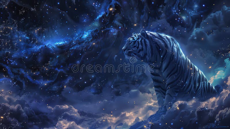 Enchanting Celestial Tiger Creature Against Starry Night Sky Stock ...