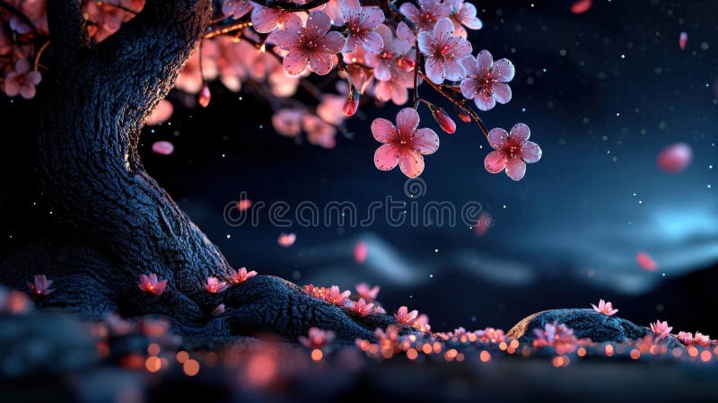 Enchanting Cherry Blossom Tree at Night Petals Falling Gently in a ...