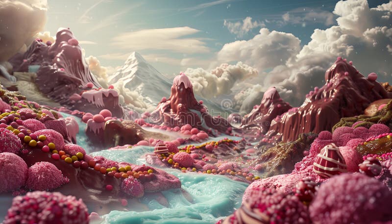 Enchanting Chocolate Rivers Cascade Down a Mountain of Candy Peaks ...