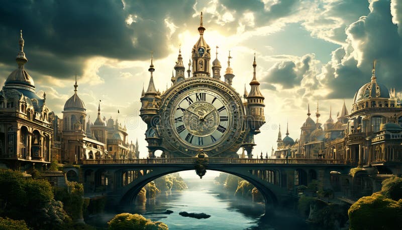 Enchanting Clock Tower Bridge Over Tranquil River Stock Image - Image ...