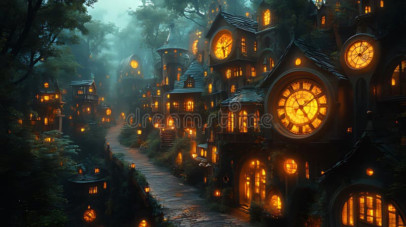 Enchanting Clock Village, Misty Forest Path, Glowing Lights, Fantasy ...