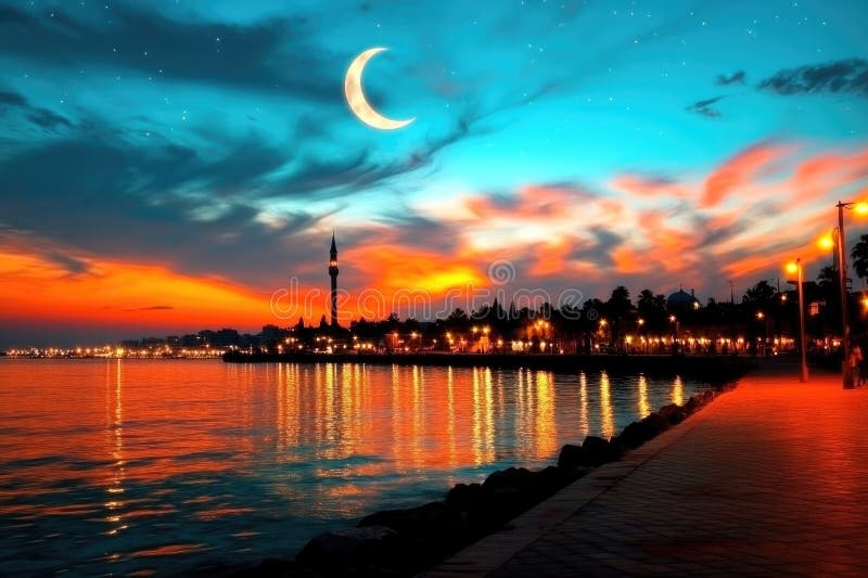 Enchanting Coastal Sunset with Crescent Moon Over Seaside Town Stock ...