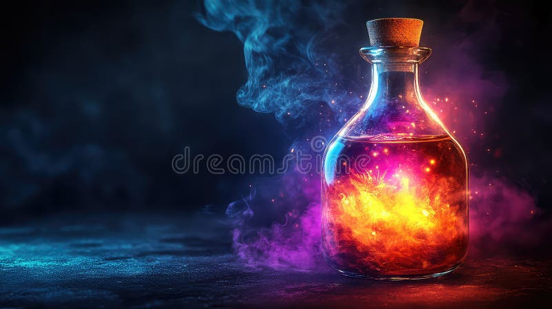 Enchanting Colorful Magic Potion in a Bottle with Fire and Smoke on ...