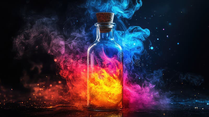 Enchanting Colorful Magic Potion in a Bottle with Fire and Smoke on ...