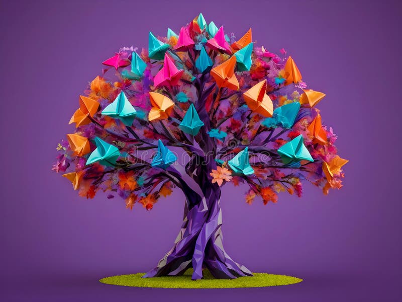 Origami Tree Plant Handmade Folded Paper Craft, Colorful Leaves ...