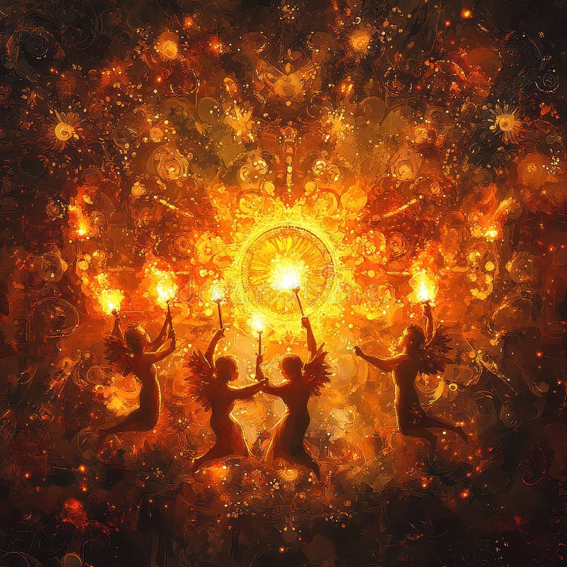 Enchanting Dance of Angels with Firelight in Cosmic Background Stock ...