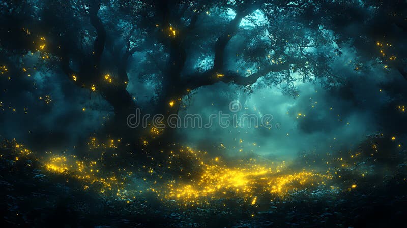 Enchanting Dark Forest Scene with Glowing Fireflies Illuminating the ...