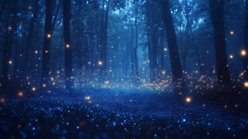 Enchanting Deep Midnight Blue Forest with Vibrant Light Effects Stock ...