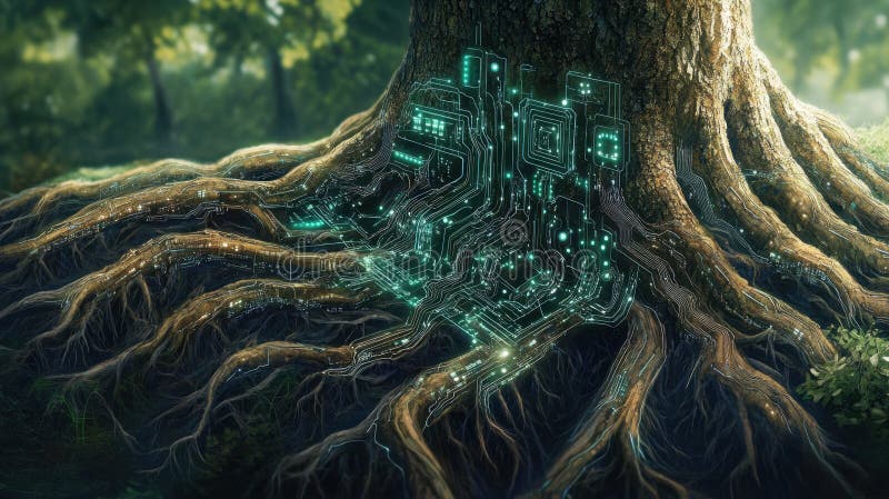 Enchanting Digital Forest: Cybernetic Tree Roots Infusing Nature with ...