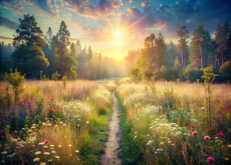 Enchanting Double Exposure a Surreal Meadow Path through a Dreamlike ...