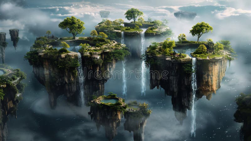 Floating Islands Fantasy Landscape Waterfall Scene Digital Art Painting ...