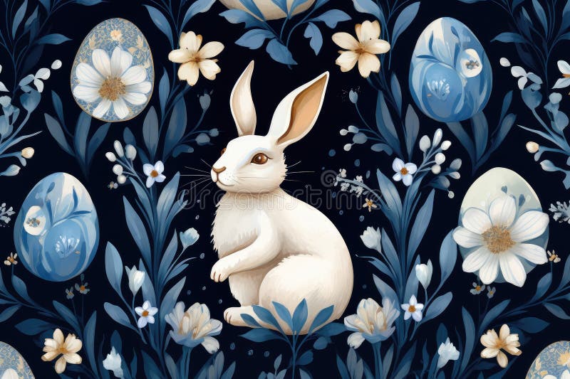 Enchanting Easter Bunny and Egg Pattern with Spring Florals on Dark ...