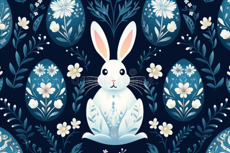 Enchanting Easter Bunny and Egg Pattern with Spring Florals on Dark ...