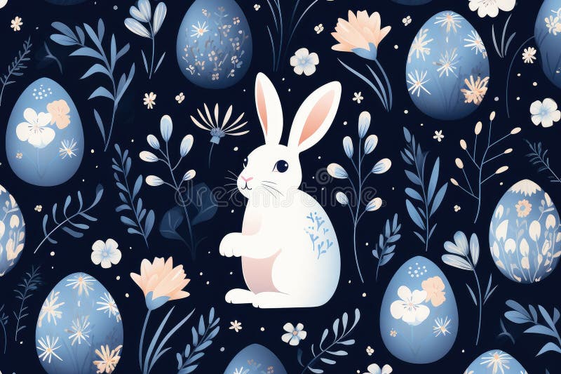 Enchanting Easter Bunny and Egg Pattern with Spring Florals on Dark ...