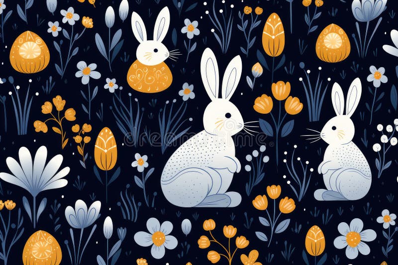 Enchanting Easter Bunny and Egg Pattern with Spring Florals on Dark ...