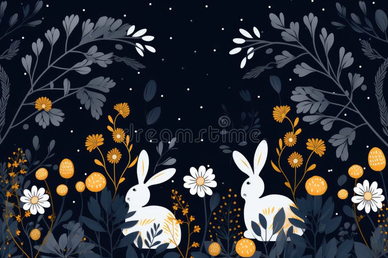 Enchanting Easter Bunny and Egg Pattern with Spring Florals on Dark ...