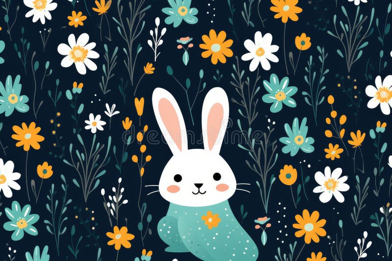 Enchanting Easter Bunny and Egg Pattern with Spring Florals on Dark ...