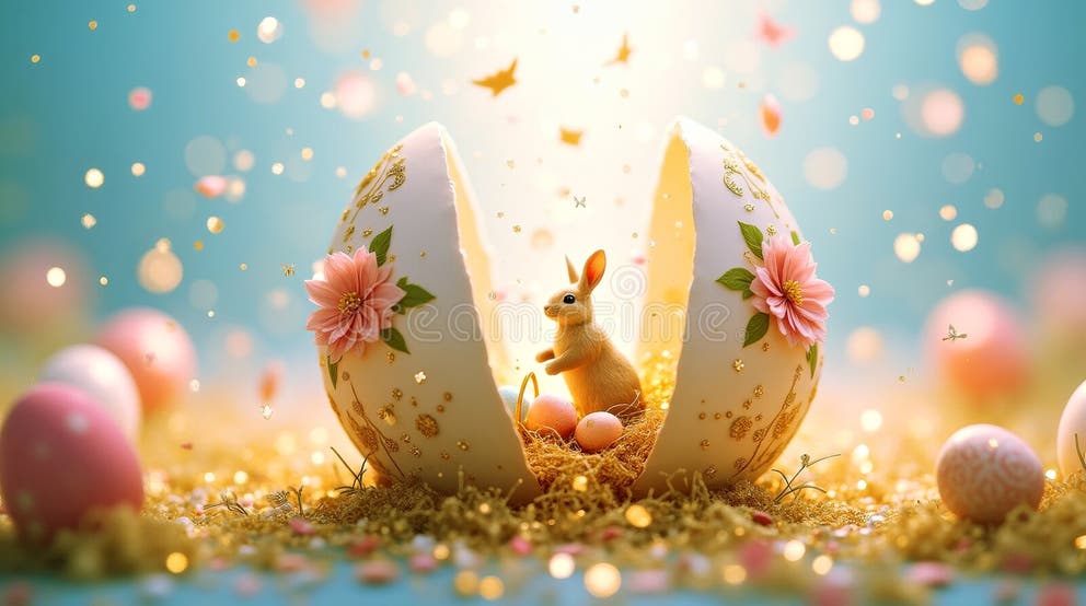 Enchanting Easter Scene: Bunny Inside Decorated Egg with Spring ...