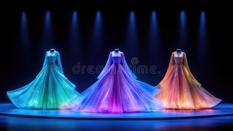 Enchanting Evening Gowns on Display Under Vibrant Stage Lights Stock ...