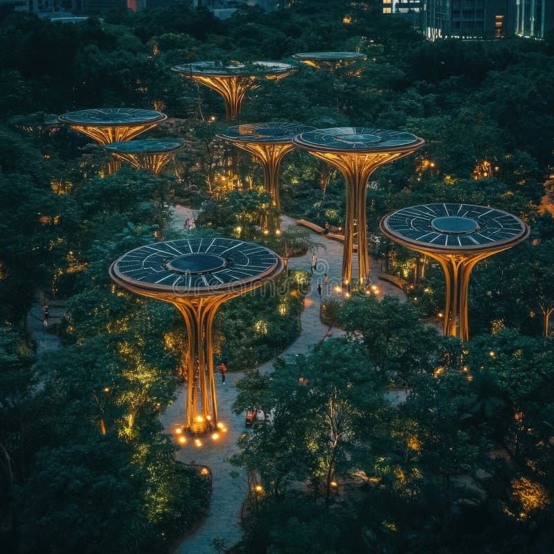 Enchanting Evening Scene of Modern Garden with Unique Tree Structures ...