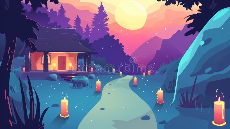 Enchanting Evening at a Secluded Forest Cabin by the Lake Stock Photo ...