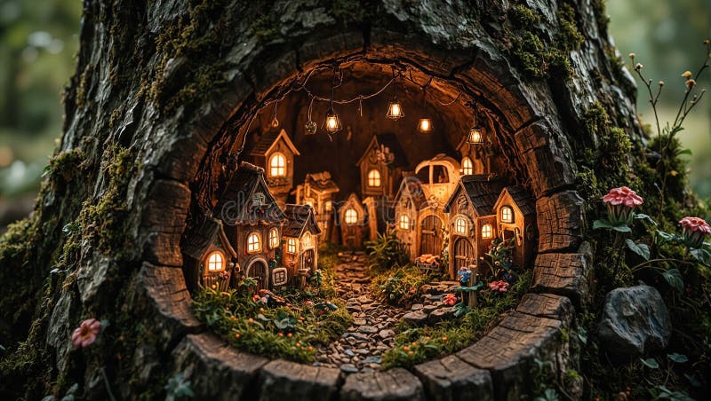 Enchanting Fairy Village in Tree Trunk with Glowing Windows and Tiny ...
