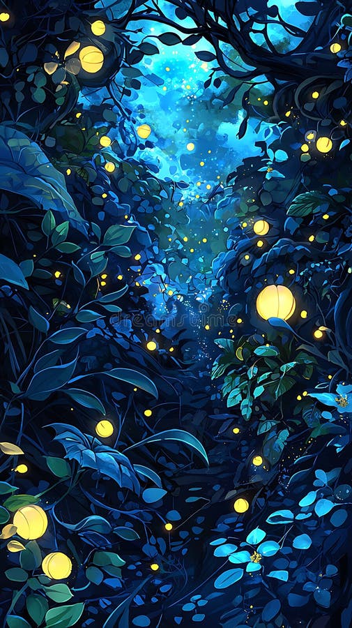 Enchanting Firefly Forest Path a Magical Nighttime Scene Stock ...