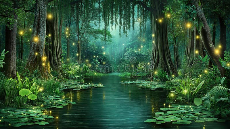 Enchanting Firefly Swamp Forest Path, Night Background Stock Photo - Image of firefly, lights ...