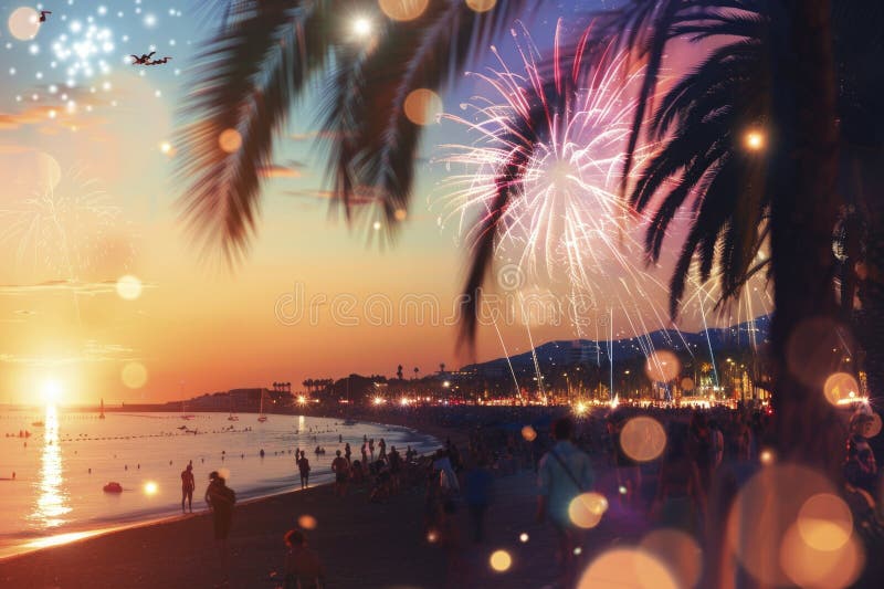 Enchanting Firework Display Over Bustling Beach at Sunset Stock ...