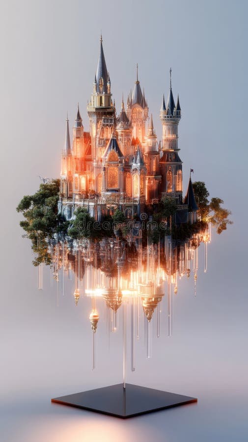 Enchanting Floating Castle with Illuminated Towers and Lush Greenery ...