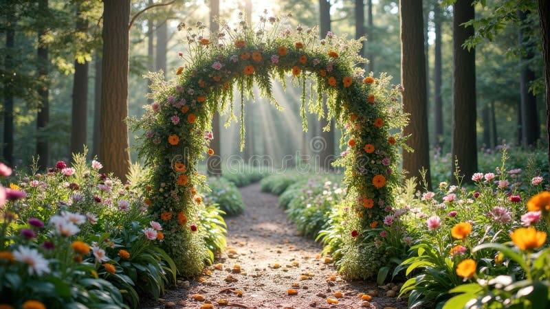 Enchanting Floral Arch in Sunlit Forest Pathway with Blooming Flowers ...