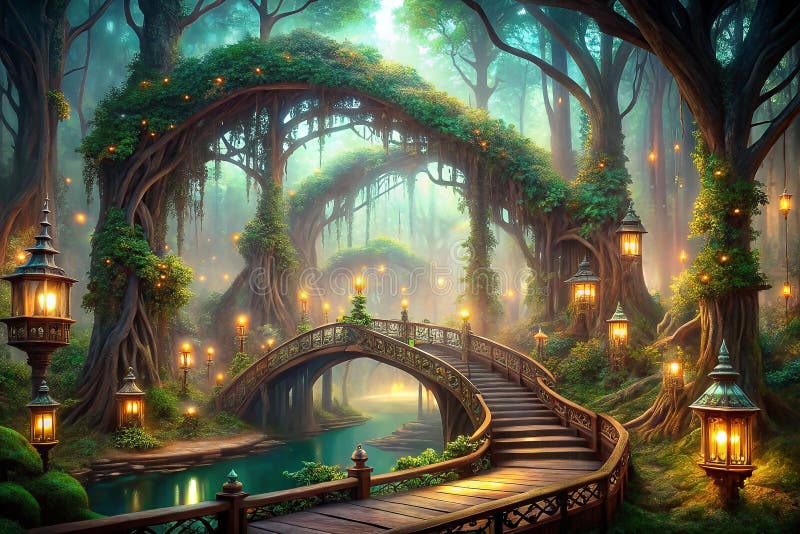 Enchanting Forest Bridge, Mystical Glowing Path, Magical Trees, Fantasy ...