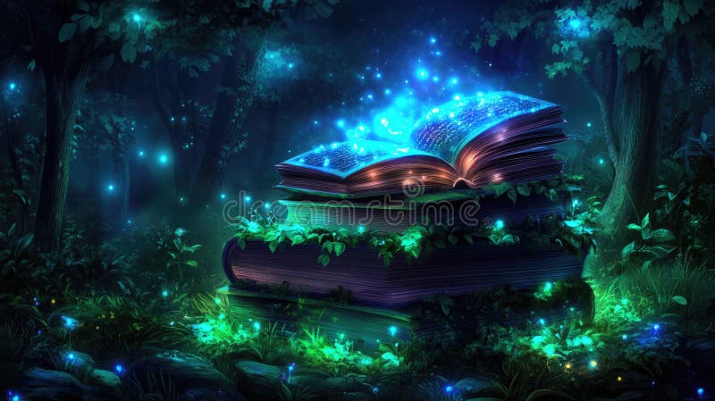 Enchanting Forest with Glowing Magical Books Under Starlit Night Sky ...