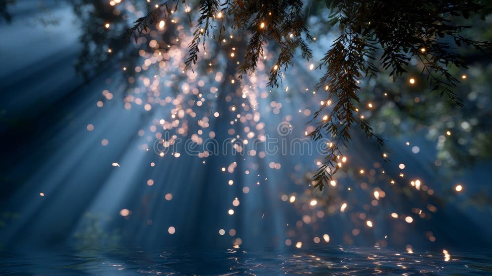 Enchanting Forest Lights with Sun Rays and Water Reflection Stock Image ...