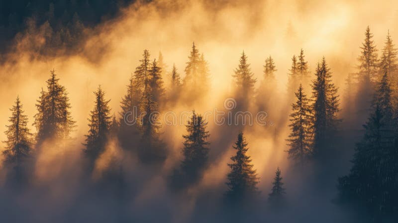 Enchanting Forest Mystery: Misty Trees at Golden Hour Stock Photo ...