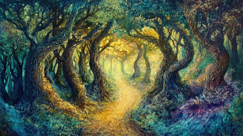 An Enchanting Forest Path through a Canopy of Twisted Trees Stock ...