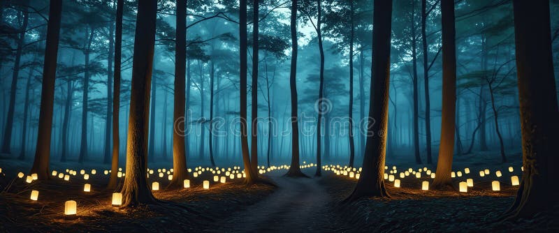 Enchanting Forest Path Illuminated by Lanterns in Mystical Night Scene ...