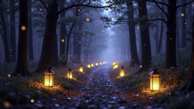 Enchanting Forest Path with Lanterns Stock Illustration - Illustration ...
