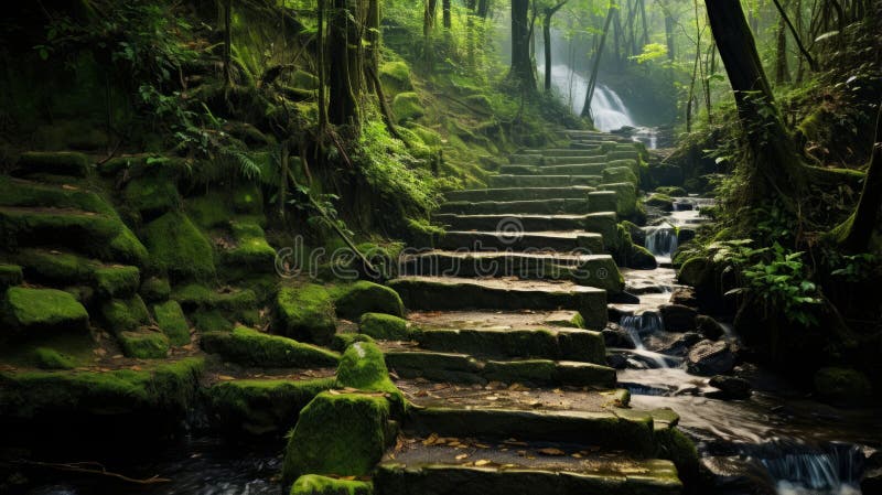 Enchanting Forest Path Leading To a Hidden Waterfall Stock Illustration ...