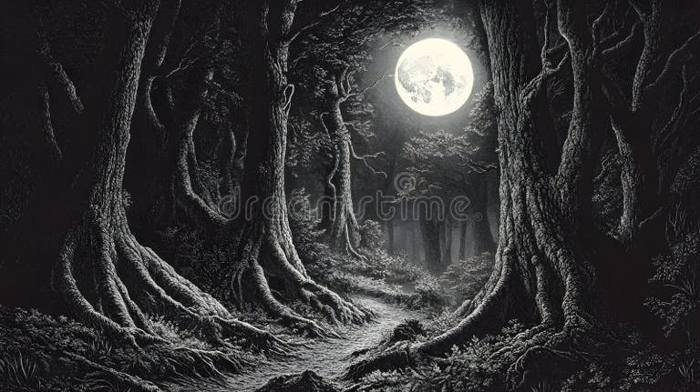 Enchanting Forest Path Under Radiant Full Moonlight with Towering Trees ...