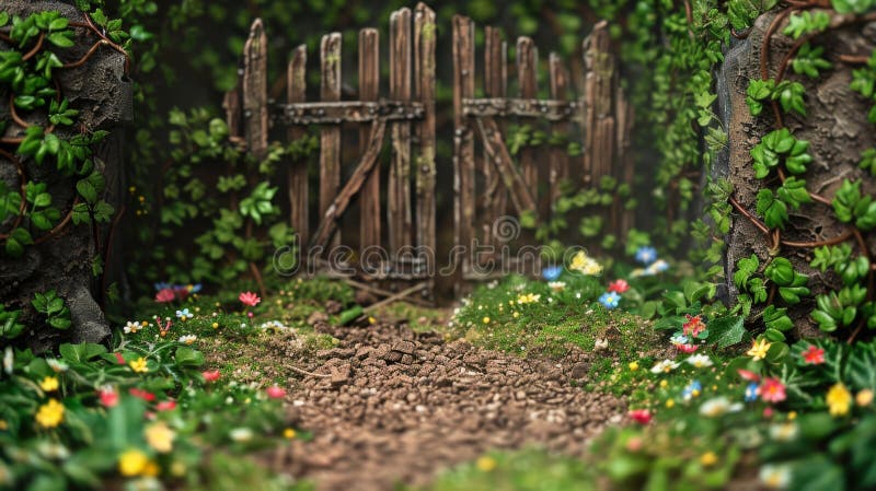 Enchanting Forest Pathway with Blooming Flowers and Rustic Wooden Gate ...