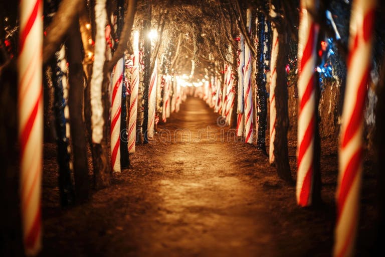 Enchanting Forest Pathway with Illuminated Candy Cane Poles Stock Photo ...