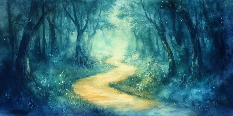 Enchanting Forest Pathway Illuminated by Moonlight Stock Illustration ...