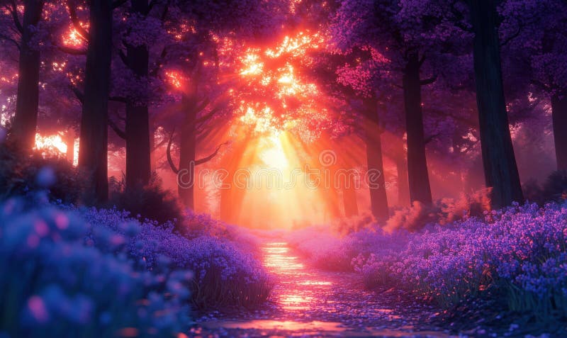 Enchanting Forest Pathway Illuminated Vibrant Sunset Purple Foliage ...