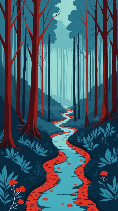 Enchanting Forest Pathway with Red Trees and Tranquil Blue Stream Stock ...