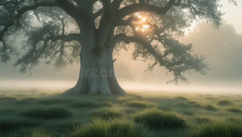 Enchanting Forest Scene with Massive Old Tree in Mist and Soft Sunlight ...