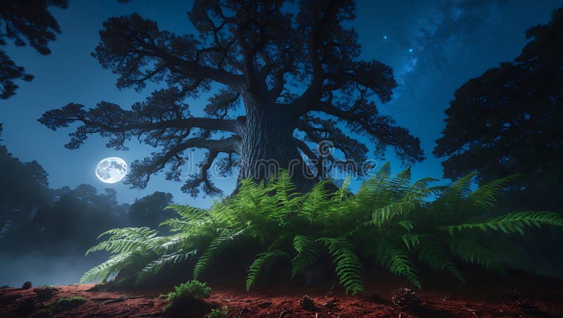 Enormous Ancient Tree Under Full Moon at Night Stock Illustration ...