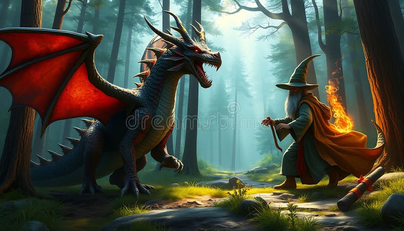 Wizard Dragon Forest Scene, Fantasy Magic, Mythical Creatures. Stock ...